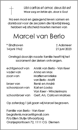 Overleden Marcel Van Berlo 14 06 1962 21 06 2023