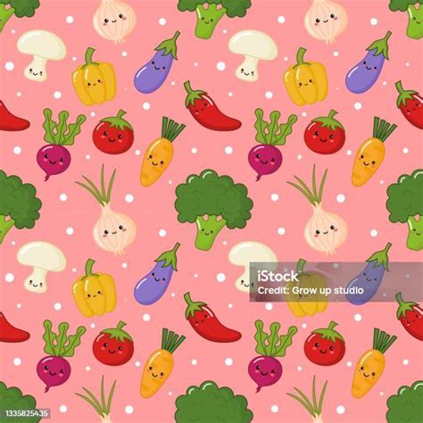 분홍색 배경에 고립 된 귀여운 재미 야채 만화 스타일 가와이이 원활 한 패턴 귀여운 야채 만화 스타일 그림 벡터입니다 가정의 방에 대한 스톡 벡터 아트 및 기타 이미지