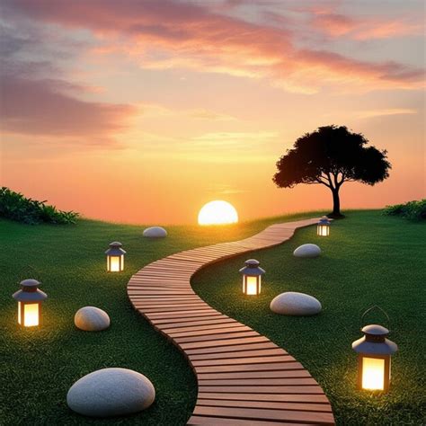 A Path Leading To A Sunset With Lights On The Grass Premium Ai