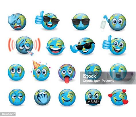 귀여운 행성 지구 이모티콘 이모티콘세트 고립된 벡터 일러스트레이션 이모티콘에 대한 스톡 벡터 아트 및 기타 이미지 이모티콘