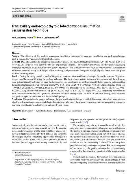 Transaxillary Endoscopic Thyroid Lobectomy Gas Insufflation Versus