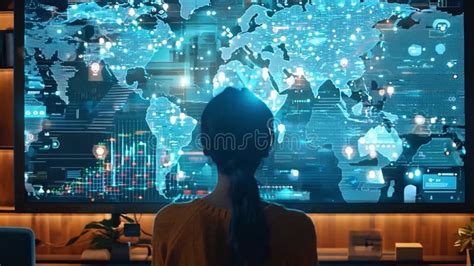 Woman Analyzing Global Data Visualizations In Modern Home Office Setting At Night Stock Footage