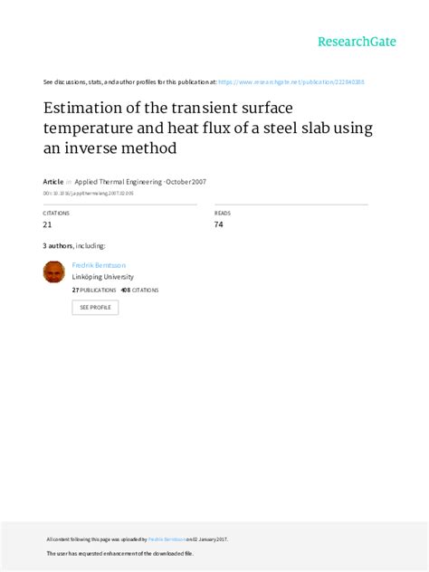 Pdf Estimation Of The Transient Surface Temperature And Heat Flux Of A Steel Slab Using An