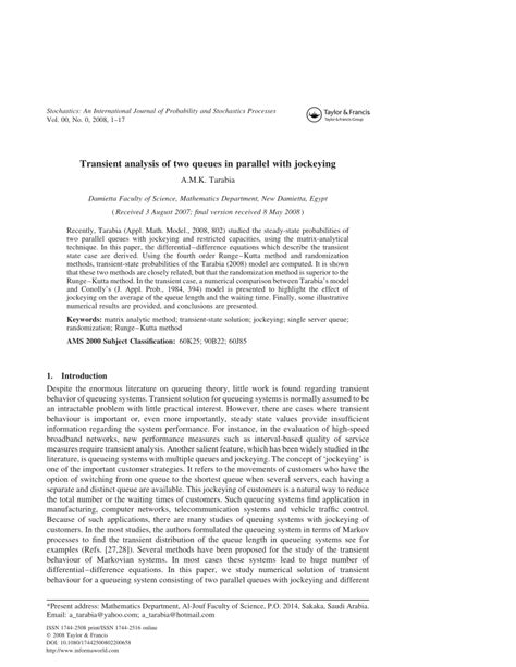 Pdf Transient Analysis Of Two Queues In Parallel With Jockeying