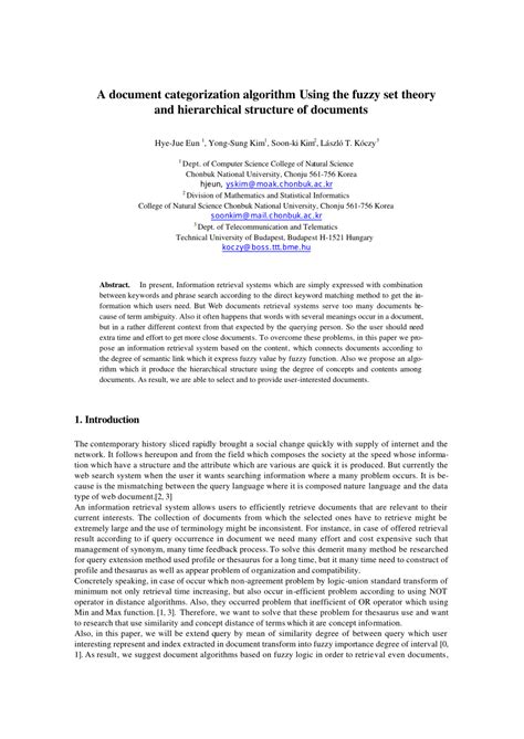Pdf A Document Classification Algorithm Using The Fuzzy Set Theory