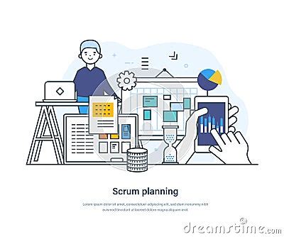 Scrum Planning Process Agile Development, Task Sprint Teamwork Methodology Vector Illustration ...