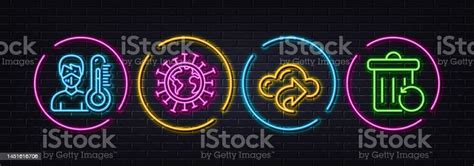 코로나 바이러스 온도계 및 클라우드는 최소한의 선 아이콘을 공유합니다 웹 응용 프로그램 인쇄용 네온 레이저 3d 조명 벡터 네온에 대한 스톡 벡터 아트 및 기타 이미지