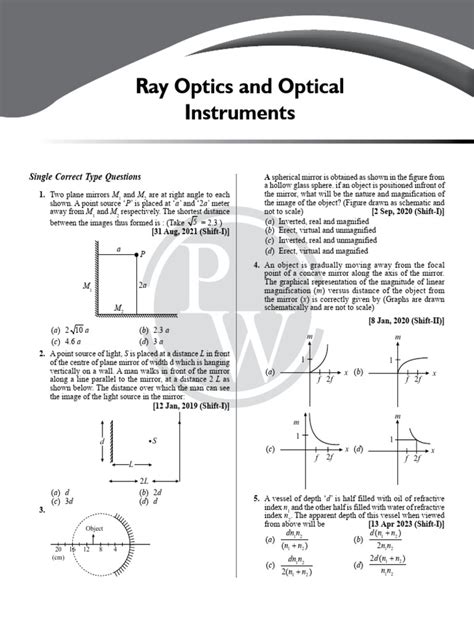 Ray Optics And Optical Instruments Pyq Practice Sheet Physics Pdf
