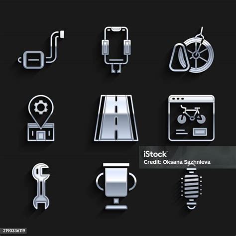 자전거 차선 자전거가 있는 어워드 컵 서스펜션 렌탈 모바일 앱 렌치 스패너 수리 서비스 주차 및 페달 아이콘을 설정합니다 벡터 거리에 대한 스톡 벡터 아트 및 기타 이미지