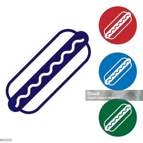 흰색 배경에 고립 된 겨자 아이콘 블루 핫도그 샌드위치 소시지 아이콘입니다 패스트 푸드 기호입니다 원 버튼의 색상 아이콘을 설정