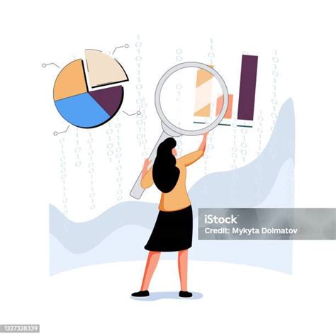 돋보기를 통해 숫자와 다이어그램을 보는 분석가 빅 데이터 분석 비즈니스 분석 통계 의 개념 가공의 인물에 대한 스톡 벡터 아트