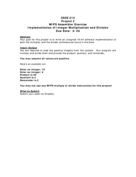 Implementations Of Integer Multiplications And Divisions Csce 212