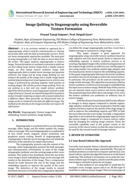 Image Quilting In Steganography Using Reversible Texture Formation Pdf