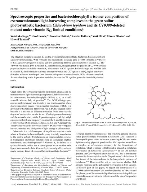Pdf Spectroscopic Properties And Bacteriochlorophyll C Isomer