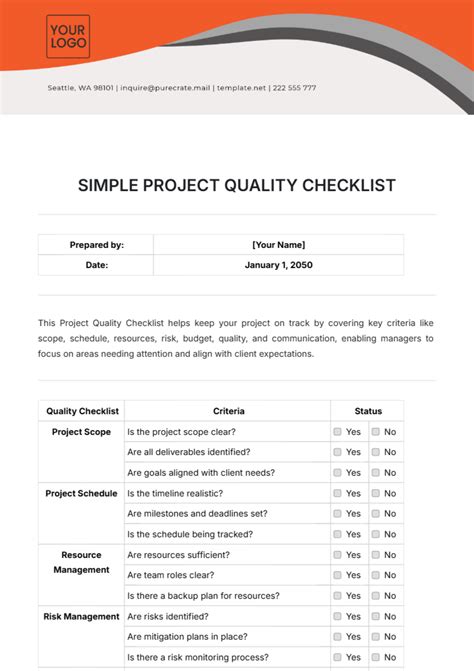Free Simple Project Quality Checklist Template To Edit Online