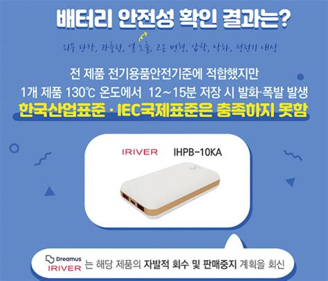 소비자원 보조배터리 테스트 결과 발표 아이리버 제품 발화 위험 보드나라