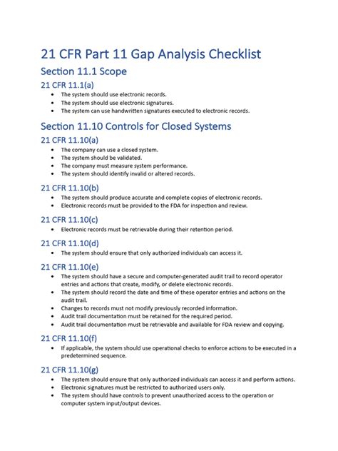 21 Cfr Part 11 Gap Analysis Checklist Part 1 Pdf