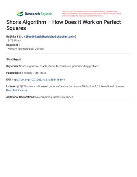 Pdf Shors Algorithm How Does It Work On Perfect Squares Pdf Shors Algorithm How Does It Work On Perfect Squares