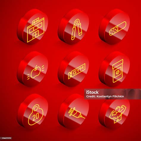 체육관 건물 스포츠 확장기 비타민 알약 사과 위치 체육관 단백 동화 약물 케틀벨 및 도핑 주사기 아이콘을 설정합니다 벡터 3차원 형태에 대한 스톡 벡터 아트 및 기타 이미지