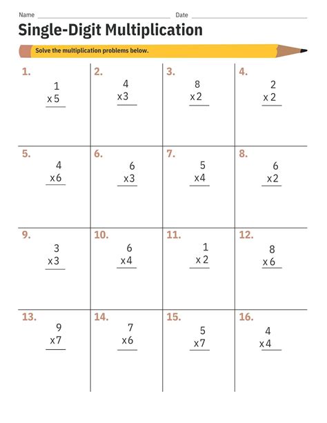 Single Digit Multiplication Math School Assignment Worksheet Printable