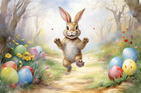 Cheery Easter Bunny Hop Stock Illustration Illustration Of Watercolor
