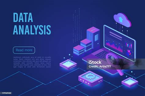 데이터 분석 어두운 네온 빛 등각투영 웹 배너 벡터 템플릿 데이터에 대한 스톡 벡터 아트 및 기타 이미지 데이터 3차원 형태 개념 Istock