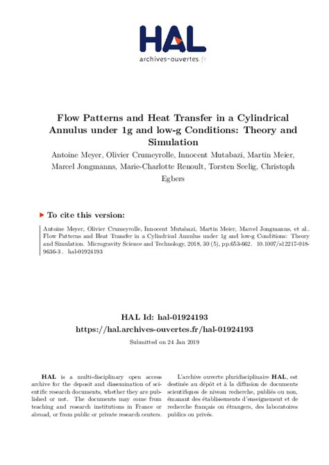 Pdf Flow Patterns And Heat Transfer In A Cylindrical Annulus Under 1g And Low G Conditions