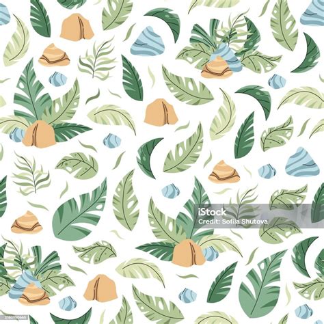 평평한 스타일의 열대 잎이 있는 완벽 한 패턴 야자수 잎 돌 및 가지와 끝없는 질감 직물 벽지 포장지 Scrapbooking