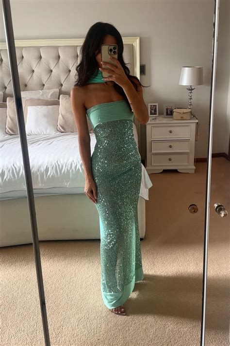Strapless Mint Green Sequin Long Dress With Scarf Pollyboutique