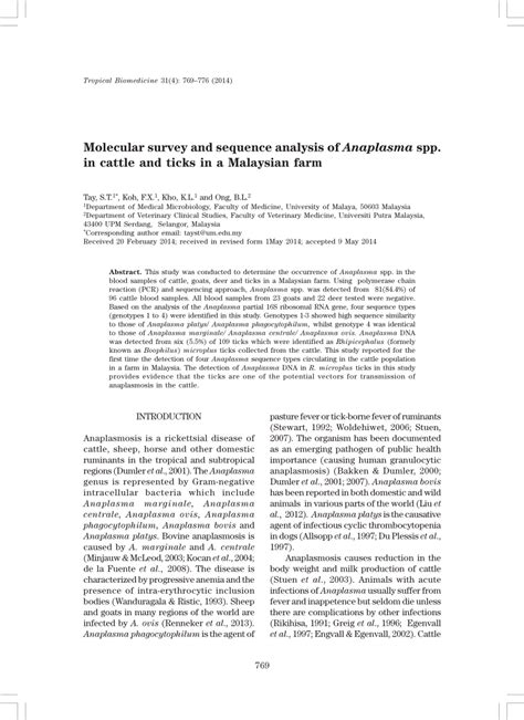 Pdf Molecular Survey And Sequence Analysis Of Anaplasma Spp In