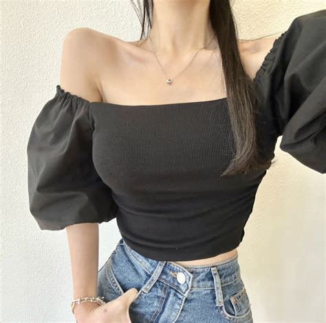 홀리 섹시러블리 카누 벌룬 투웨이 스퀘어 오프숄더 블라우스 퍼프티 벌룬티 크롭오프숄더 오프숄더블라우스 퍼프블라우스