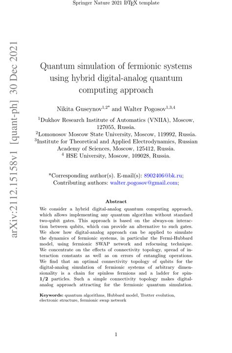 PDF Quantum Simulation Of Fermionic Systemsusing Hybrid Digital Analog Quantumcomputing Approach