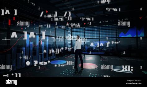 Standing Data Analyst Analyzing In Control Room With Holographic