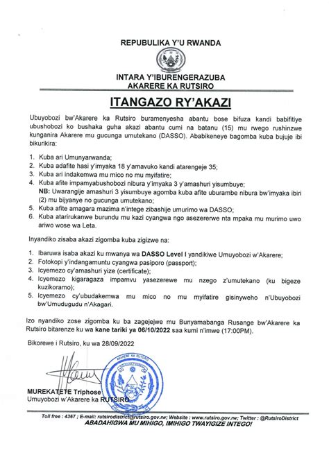 Imyanya 15 Y`akazi Murwego Rwa Dasso Mukarere Ka Rutsiro Deadline 06