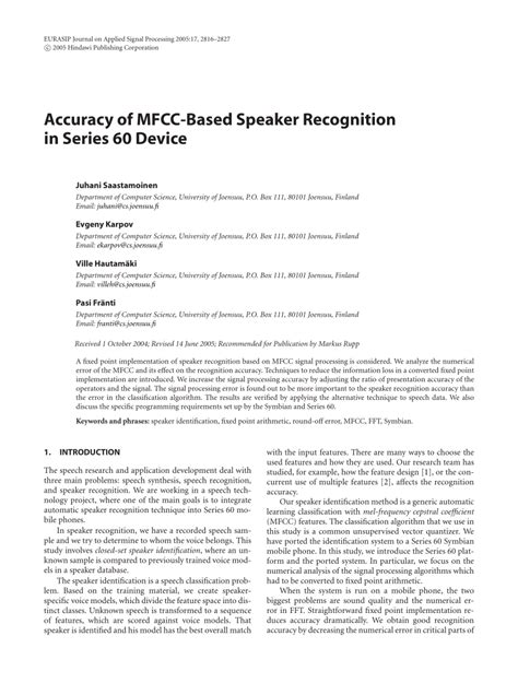 Pdf Accuracy Of Mfcc Based Speaker Recognition In Series 60 Device