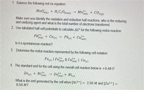 Solved 1 Balance The Following Red Ox Equation