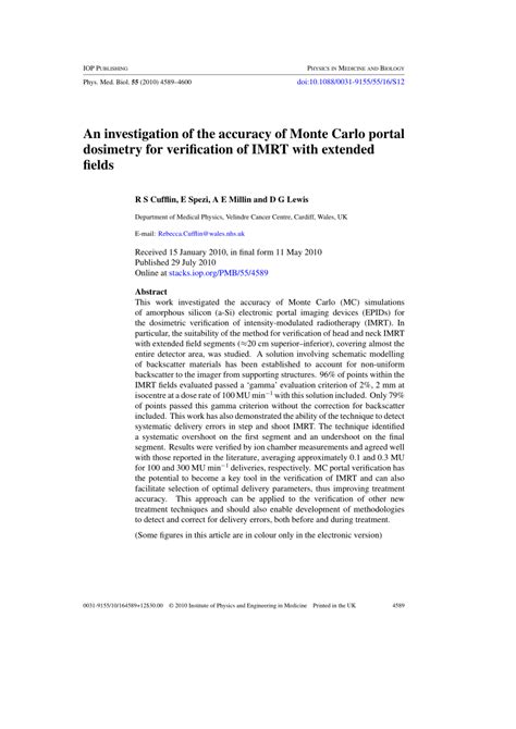 Pdf An Investigation Of The Accuracy Of Monte Carlo Portal Dosimetry For Verification Of Imrt