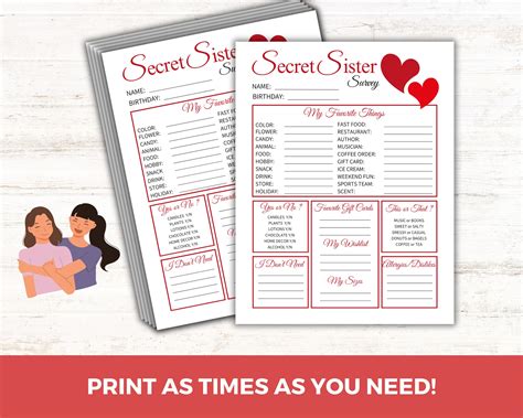 Secret Sister T Survey Printable Secret Sister Form Secret Sister