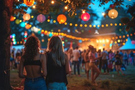 Two Friends Stand Together At A Music Festival Enjoying The Lively