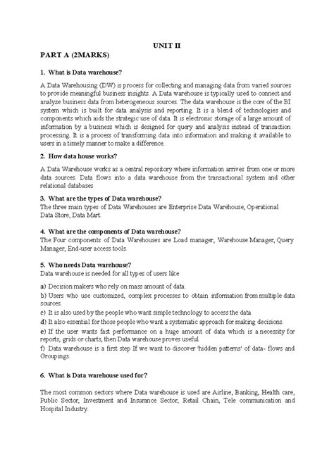 Ba Unit 2 Qb Ba Notes Unit Ii Part A 2marks 1 What Is Data Warehouse A Data Warehousing