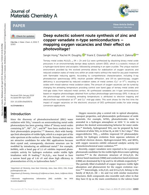 Pdf Deep Eutectic Solvent Route Synthesis Of Zinc And Copper Vanadate