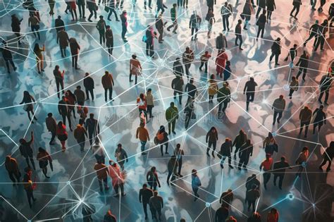 Aerial View Of Diverse Crowd Connected Through Complex Network Individuals Interact Form