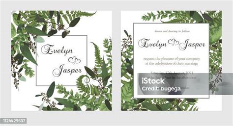 결혼식 초대장 인사말 카드 날짜 저장에 대 한 설정 배너 녹색 고비 잎 회 양 목과 유 칼 리 나무 어린 가지 흰색 배경에 고립 된 빈티지 사각 프레임 0명에 대한 스톡