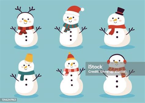 푸른 배경에 고립 된 귀여운 눈사람과 크리스마스 세트 벡터 일러스트레이션 0명에 대한 스톡 벡터 아트 및 기타 이미지 0명 겨울 계절 Istock