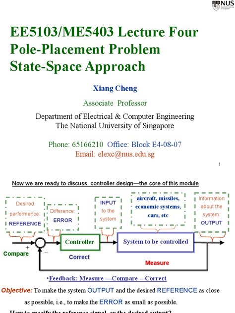 ee5103 me5403 lecture four pole placement problem state space approach