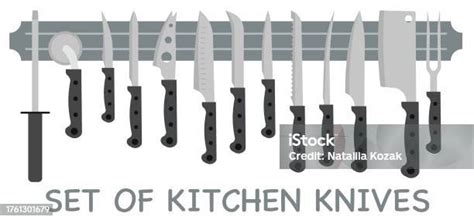 부엌 칼 벡터 일러스트 레이 션의 세트입니다 어두운 자석 손잡이가 있는 평평한 디자인의 칼 부엌 로고입니다 강철에 대한 스톡 벡터 아트 및 기타 이미지 Istock
