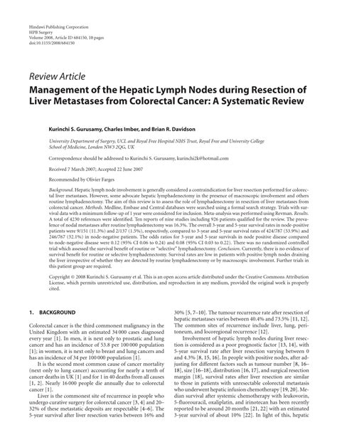 Pdf Management Of The Hepatic Lymph Nodes During Resection Of Liver Metastases From Colorectal