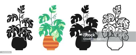 집 화분에 심은 식물 몬스 테라 만화 아이콘 세트 이국적인 화분 선 기호 낙서 실루엣 벡터 낙서 드로잉에 대한 스톡 벡터 아트 및 기타 이미지 낙서 드로잉 선 아이콘