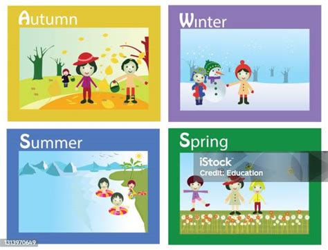 4 시즌 올해의 계절 차트 세트의 계절 가을 겨울 여름 봄 12 개월 4 시즌 보육의 계절에 대한 그림 초등학교 의 개월 사계절에 대한 스톡 벡터 아트 및 기타 이미지