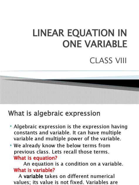 Linear Equation In One Variable Class 8 Pdf Equations Variable